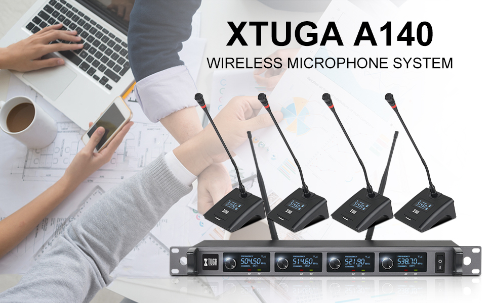 XTUGA A140 Wireless Microphone System, 4-Channel UHF Cordless Mic Set with Four Bodypack Mics ...