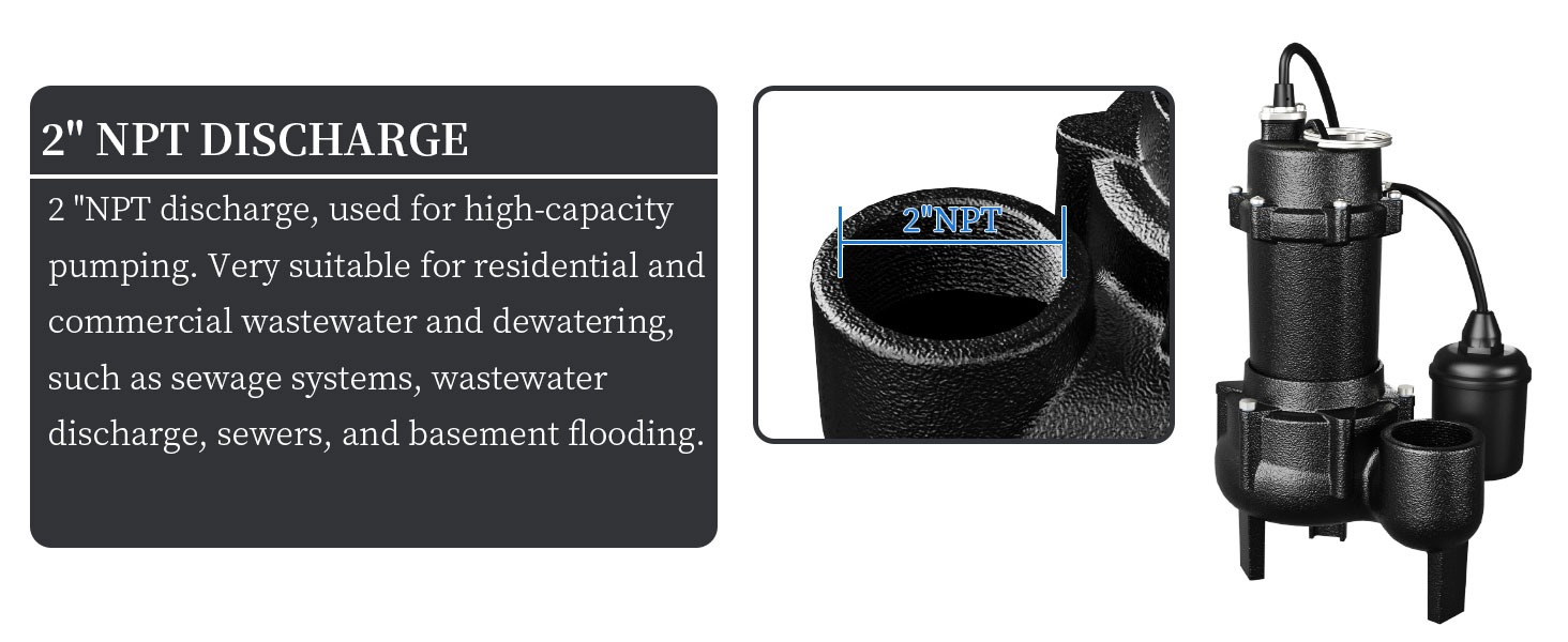 LANCHEZ 1HP Submersible Cast Iron Sewage/Effluent Pump, 5644 GPH Sump Pump with Piggy Back ...