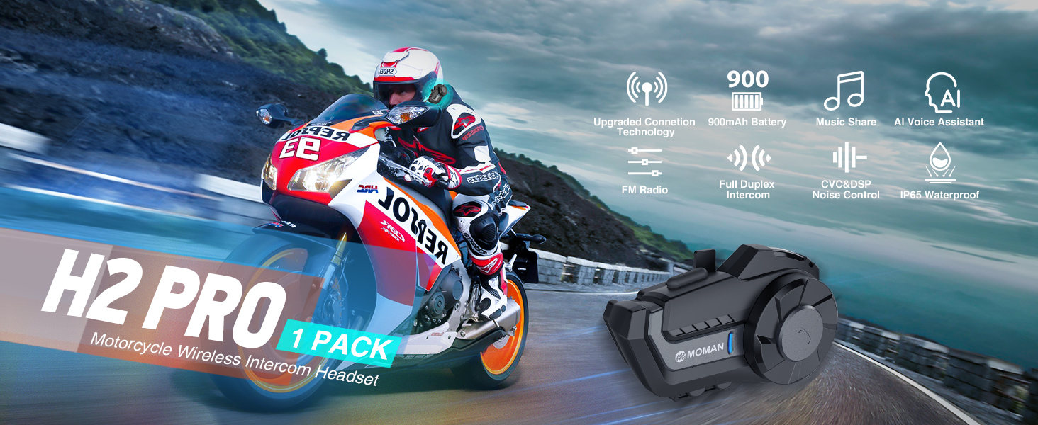 Moman Motorcycle Intercom, H2 Pro【1 Pack Black】 Helmet Wireless 5.1 Communication System with ...