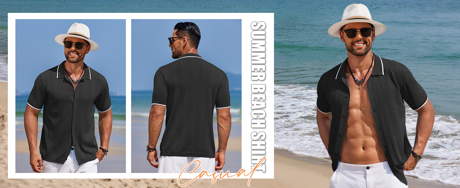 COOFANDY Mens Cuban Knit Polo Button Short Sleeve Shirts Casual Summer Beach Shirts Beige at ...