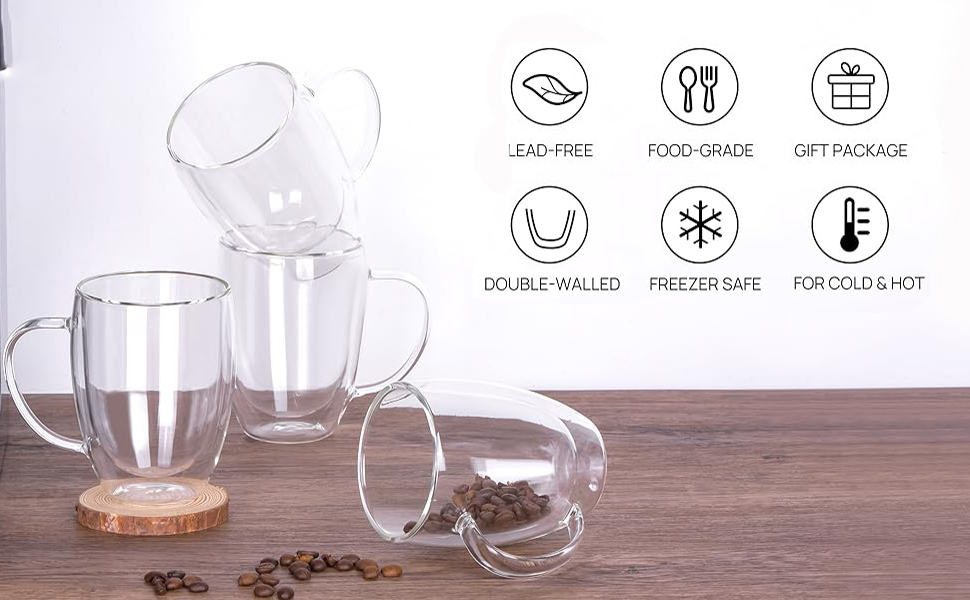 Clear Coffee Mugs Set of 4, Double Walled Glass Coffee Mugs, 350ML ...