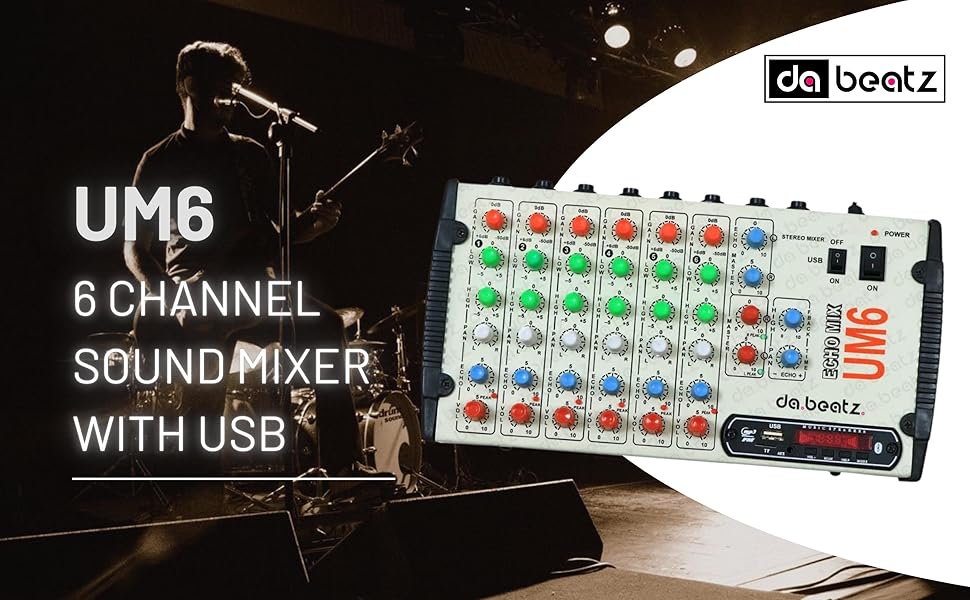 DaBeatz UM6 6 Channel Stereo Echo Audio Mixer with USB and Bluetooth for Parties, Stage, Effects ...
