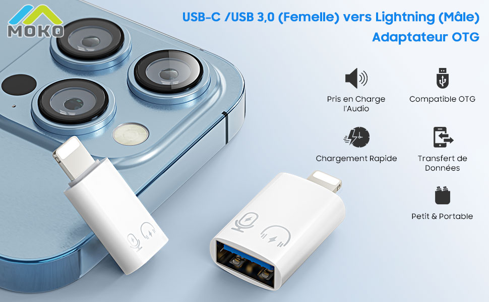 MoKo Adaptateur USB C Femelle vers Lightning Mâle, Adaptateur OTG Lightning Mâle vers USB-A ...