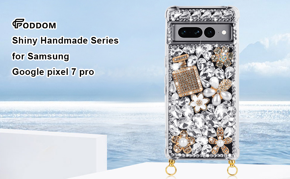 FODDOM Case for Google Pixel 7 Pro 5G with Pearl Strap, 3D Handmade Sparkle Stunning Stones ...