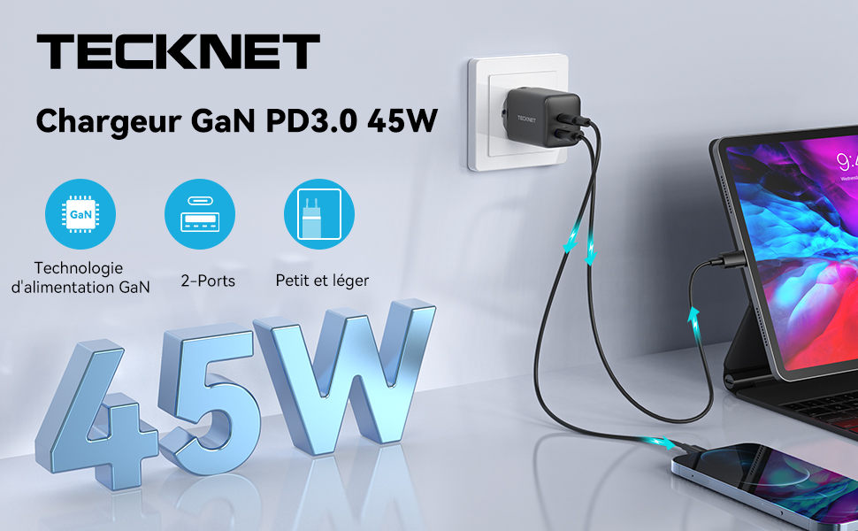 TECKNET Chargeur USB C 45W GaN Tech 2 Ports avec 1,5 Mètre Câble, Chargeur Rapide pour Samsung ...