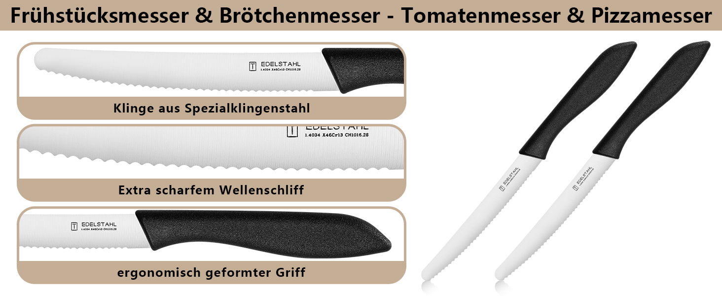 targzier 6 Stück Frühstücksmesser,Tafelmesser mit Wellenschliff aus Edelstahl,Brötchenmesser ...