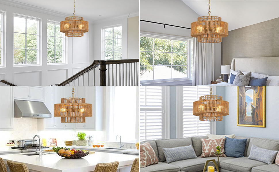 Widluth 17.7" Boho Rattan Chandelier Light Fixture 4-Light Hand-Woven ...