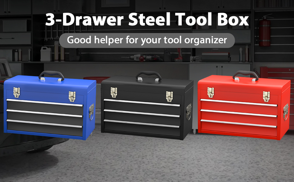 3 Drawer Steel Tool Box, Madertool Portable Metal Toolbox with Top Storage Tray and carrying ...