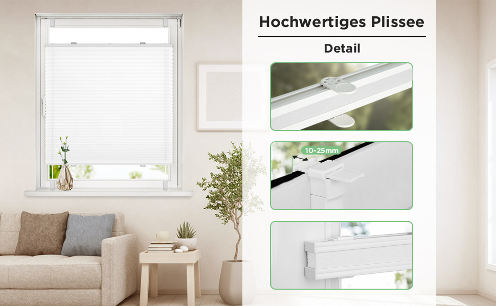 OUBO Pleated Blind, No Drilling Required, Grey 90 x 80 cm, Pleated Blind Klemmfix Version ...