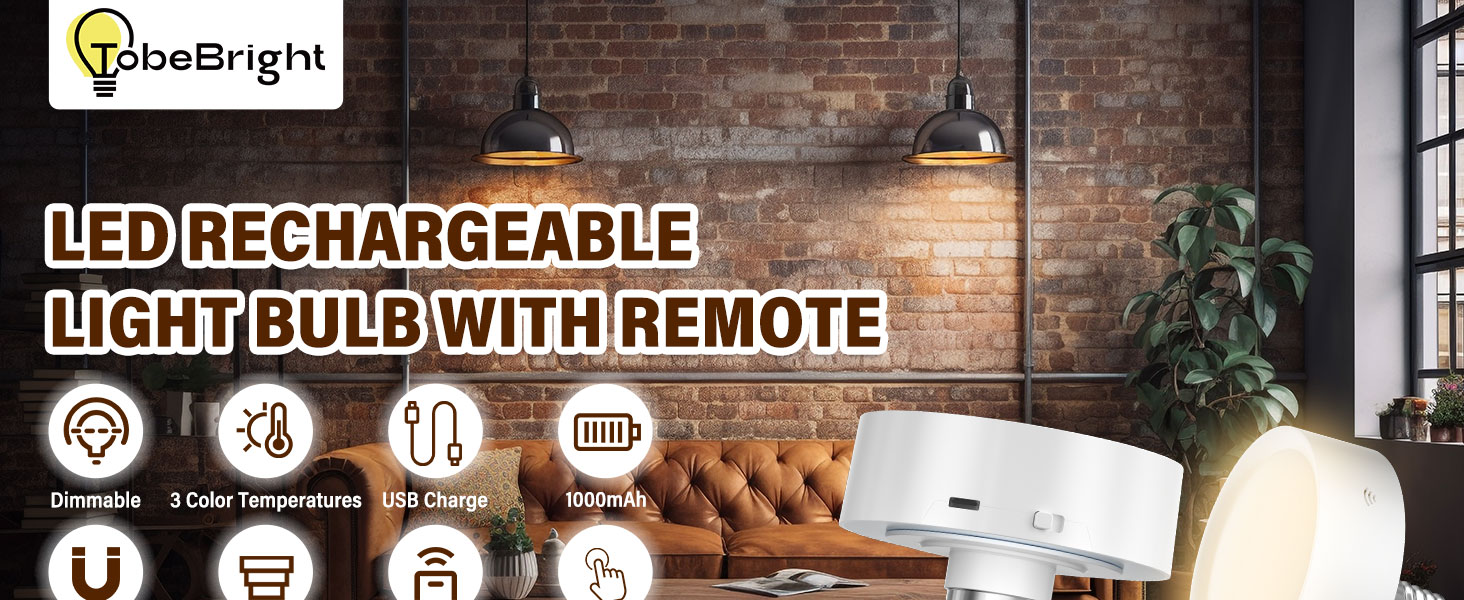 TobeBright E26 Rechargeable Light Bulbs with Remote Control Timer and 3 ...