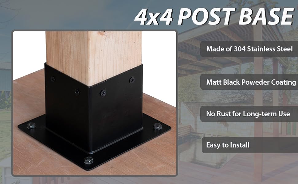 4x4 Stainless Steel Deck Post Base 4pcs | Internal 3.5"X3.5"| 13ga Thick Matte Black Powder ...