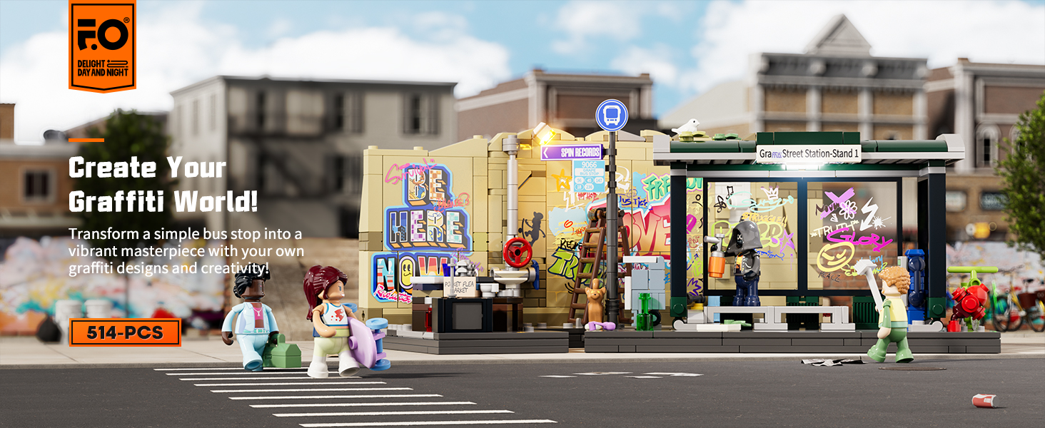 Amazon.com: FUNWHOLE Graffiti Bus Stop Lighting Building Bricks Set - Street Fusion City Town ...