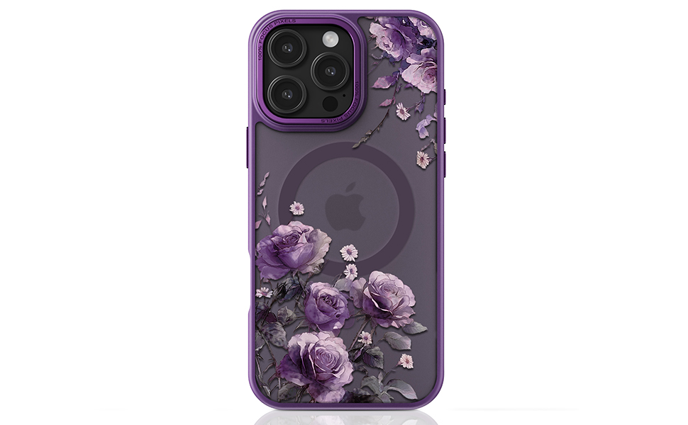 Amazon.com: FEWGEY Purple Case for iPhone 16 Pro Max Compatible with MagSafe, Rose Floral ...