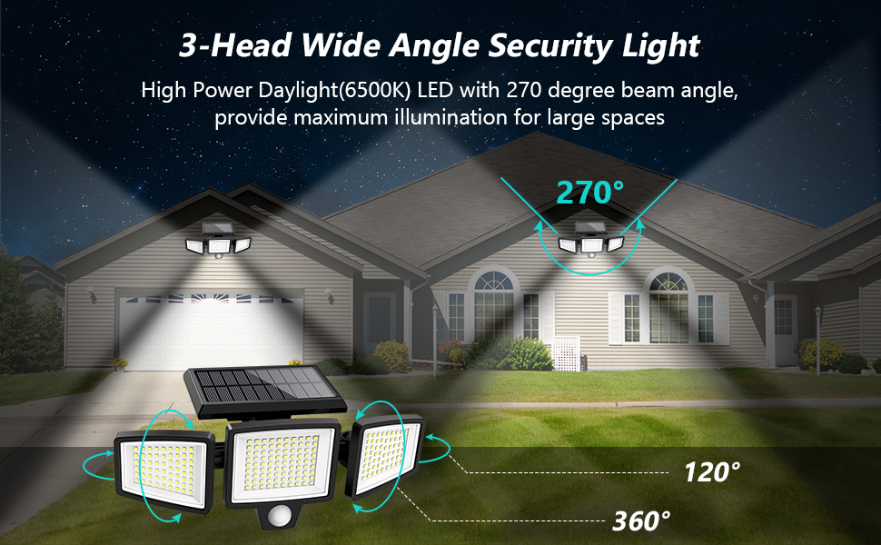 Solar Outdoor Lights ,Tuffenough 2500LM 210 LED Security Lights with Remote Control,3 Heads ...