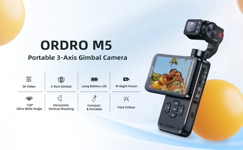 ORDRO M5 Video Camera, Vlogging Camera, 3-Axis Gimbal Stabilization, 4K 60fps, Face Tracking, 3 ...