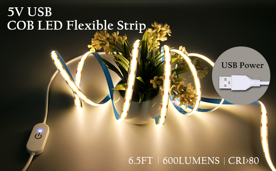 Amazon.com: UVTaoYuan Led Strip Lights 5V USB 6.56ft/2m 640LEDs Touch stepless Dimmable COB LED ...