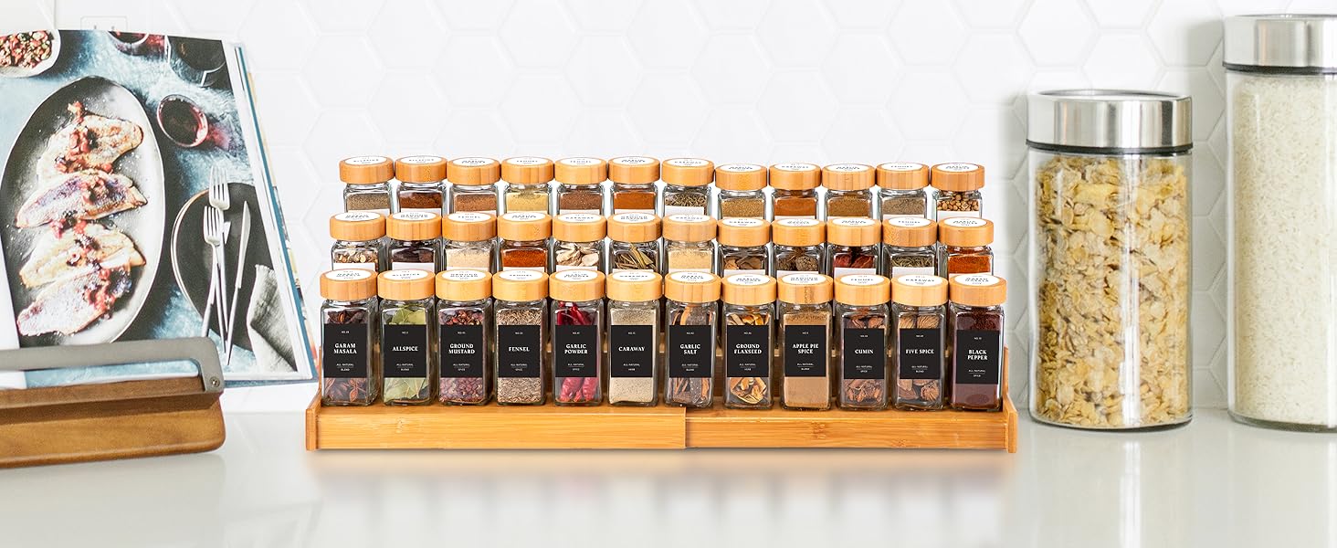 Amazon.com: Bamboo Glass Spice Jars with Label and Shaker Lids Clear Empty 4oz 24 Pack Bottles ...