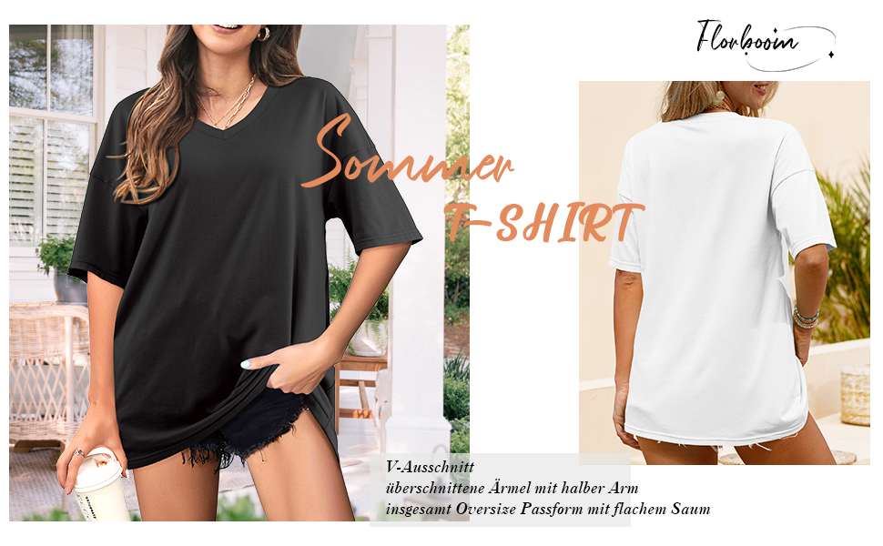 Florboom Oversize Shirt Damen V-Ausschnitt Kurzarm Sommer Casual Locker Tshirt Oberteile Tee ...