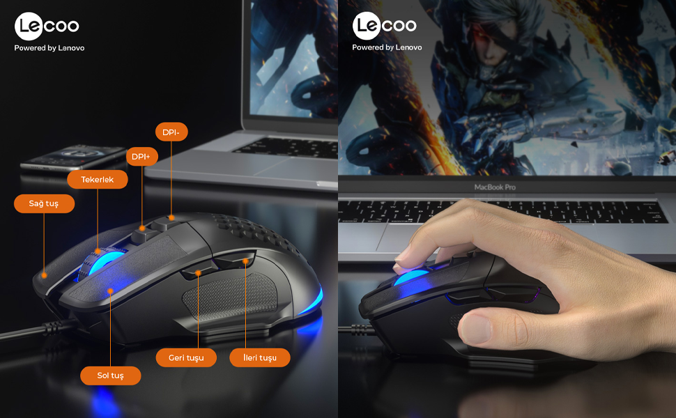 Lecoo MS107 Kablolu RGB LED Aydınlatmalı 103 gr Ağırlık Terleme Önleyici Malzeme Delikli Tasarım ...