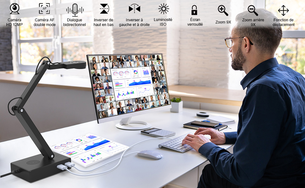 Kitchbai Visualiseur, Caméra de Document avec Télécommande, Zoom avant ...