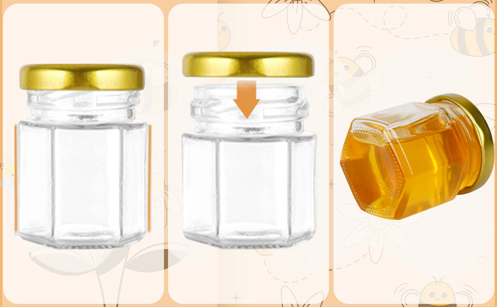 Mini Glass Honey jars-1.5oz, 50 pcs Hexagon Honey Jars with Wooden Dipper,Gold Lid,Bee Pendants ...