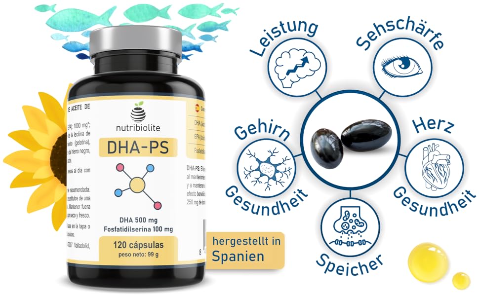 DHA 500mg + Sunflower Lecithin Phosphatidylserine 100mg Soy Free, Gluten Free, Lactose Free, Non ...