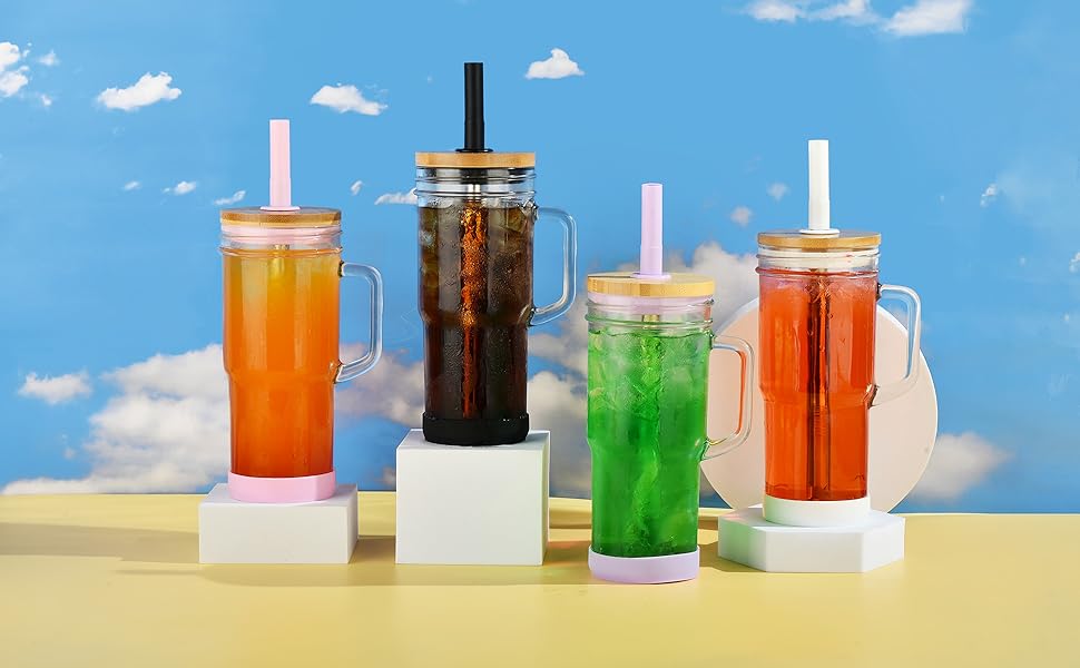 Amazon.com | ALINK Glass Cups with Lids and Straws, 24 oz Drinking ...
