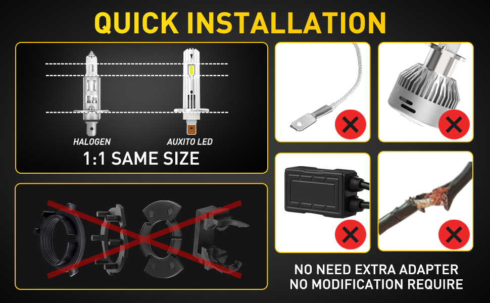 AUXITO Upgraded H1 LED Headlight Bulb, 500% Brighter 6500K White 1:1 Mini Size No Adapter ...