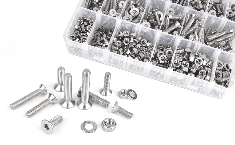 Foliv 585pcs M4 M5 M6 Hex flach-Knopf Schraube Set,304 Edelstahl Schrauben Muttern und ...
