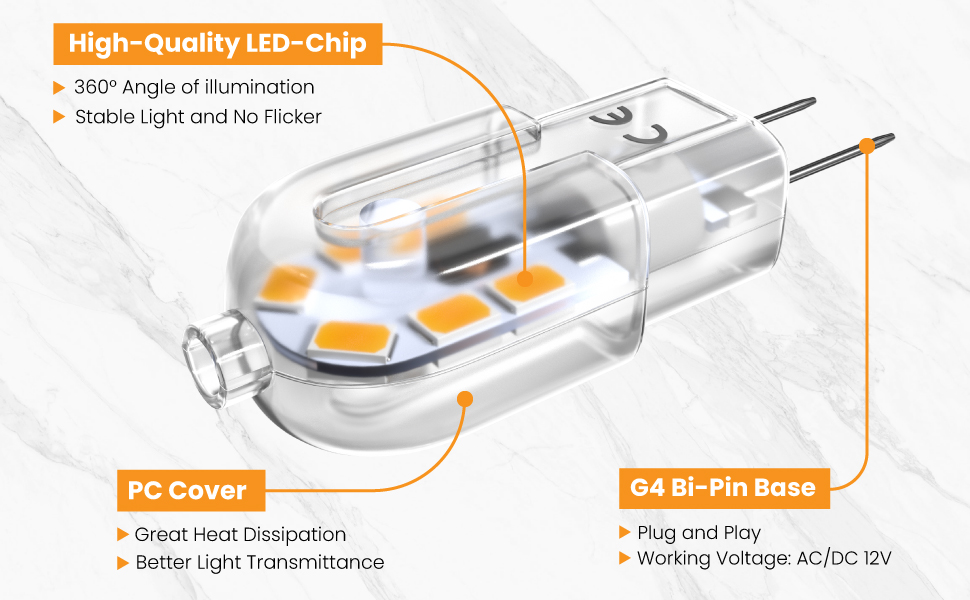 BrightArk 2W G4 LED Bulbs AC/DC 12V Non Dimmable Warm White 3000K G4 Bi Pin LED Bulb, Equivalent ...