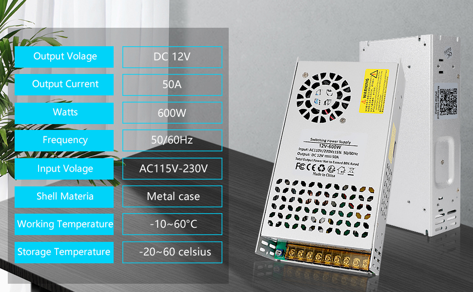 Amazon.com: NUOWEIDE 12V 50A 600W Power Supply Transformer, 110V AC to DC 12V Converter Adapter ...