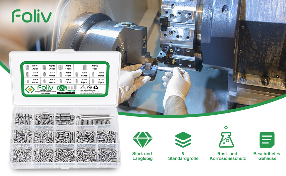 Foliv 676 Stück Madenschrauben Sortiment Set Edelstahl M3 M4 M5 M6 M8 Madenschrauben ...