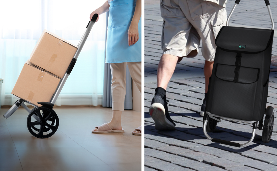 VOUNOT® Folding Shopping Trolley, Aluminium Lightweight Shopping Cart with Detachable Shopping ...