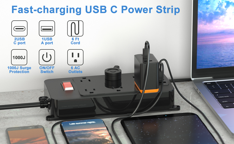 Amazon.com: Waterproof Outdoor USBC Power Strip, Heavy Duty 6 Outlets Surge Protector ...