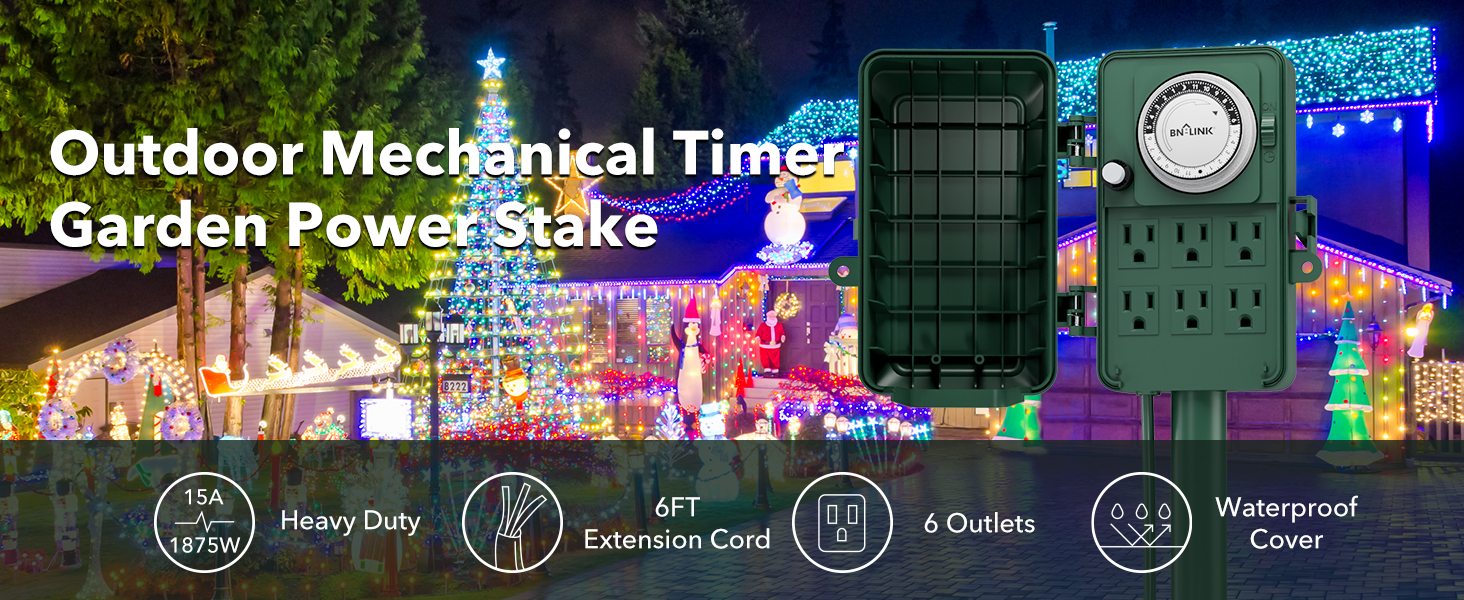 BN-LINK Outdoor Power Stake Timer Waterproof, 24-Hour Mechanical Timer ...