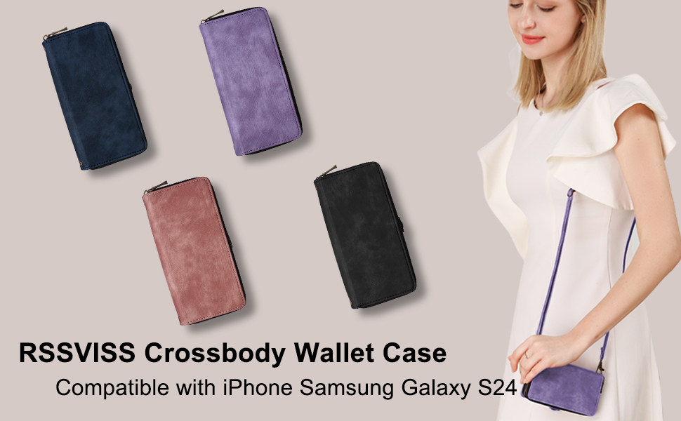 Amazon.com: Rssviss Wallet Case for Samsung Galaxy S24 5G Crossbody with Card Holder Wrist Strap ...