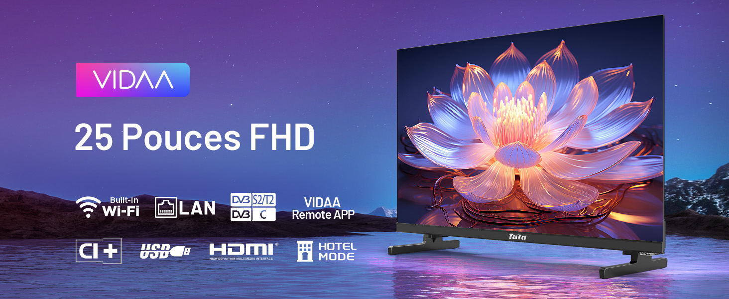 TuTu Smart TV 25 Pouces (64 cm) FHD LED WiFi Connectée Téléviseurs sans Bord VIDAA OS avec ...