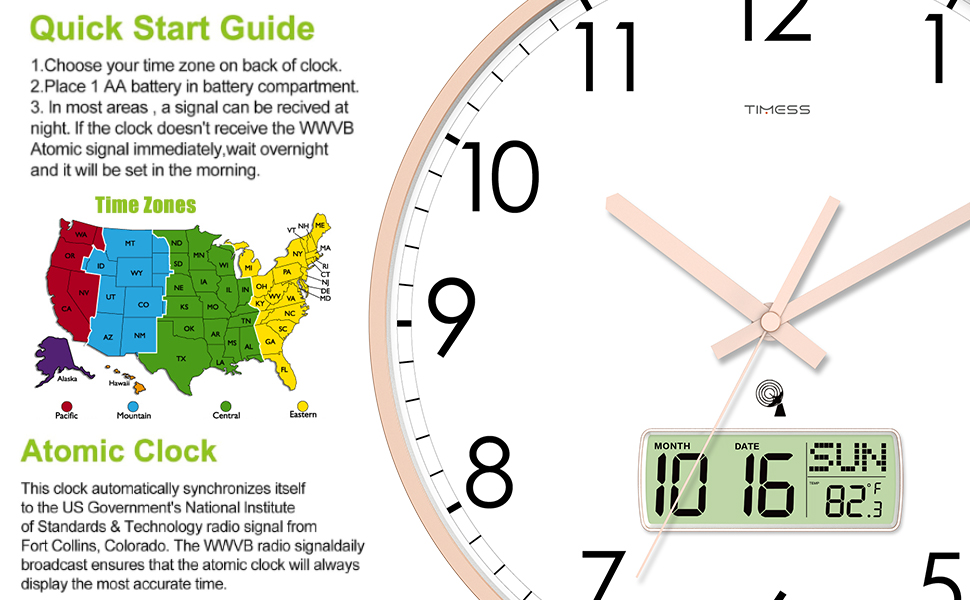 Amazon.com: TIMESS Atomic Analog Wall Clock, WWVB Self-Setting Battery ...