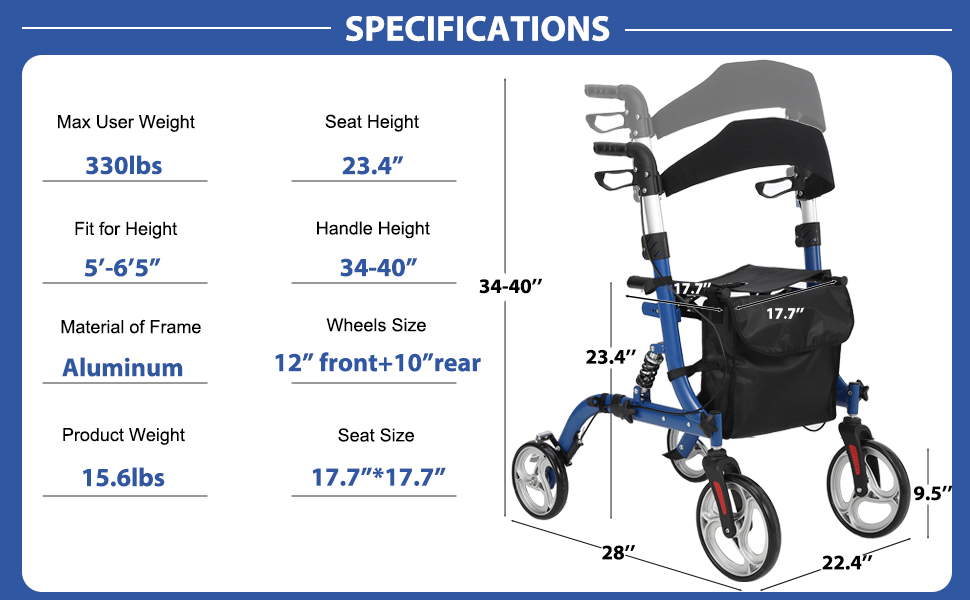 Amazon.com: Rollator Walker for Seniors Rollator Walker with Seat, Shock Absorber, 12" Wheels ...