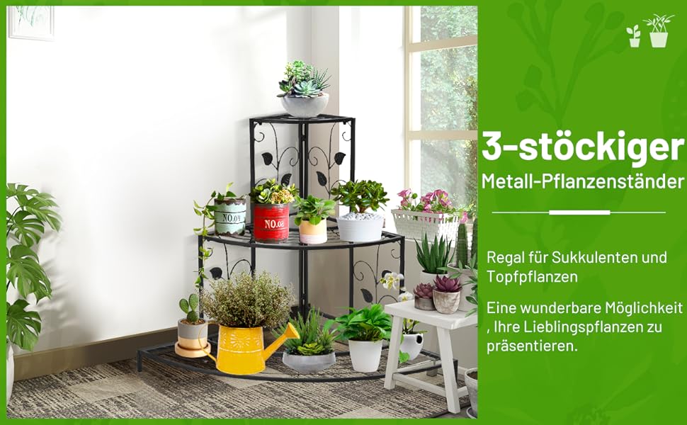 COSTWAY Metalen bloementrap met 3 niveaus, bloemenrek met bladpatroon, plantenstandaard ...