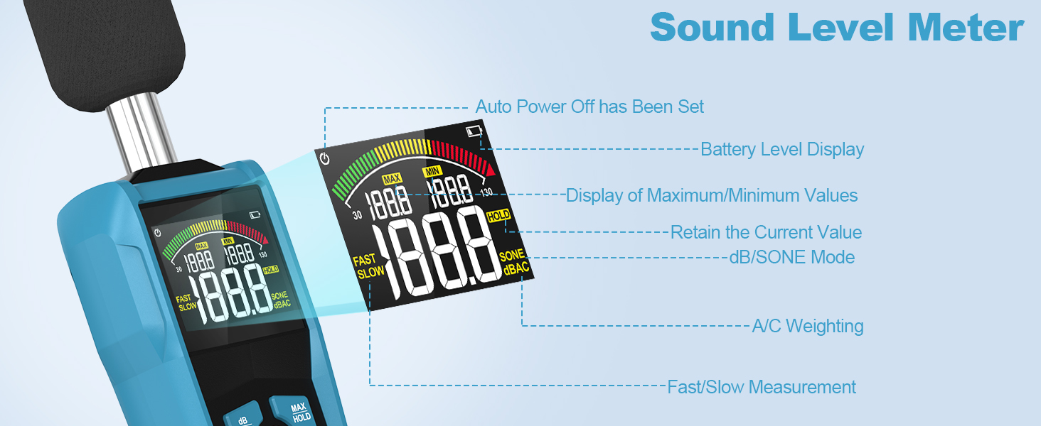 Decibel Meter, DURFICST Sound Level Meter with LCD Color Screen, 30-130dB SPL Meter with A/C ...