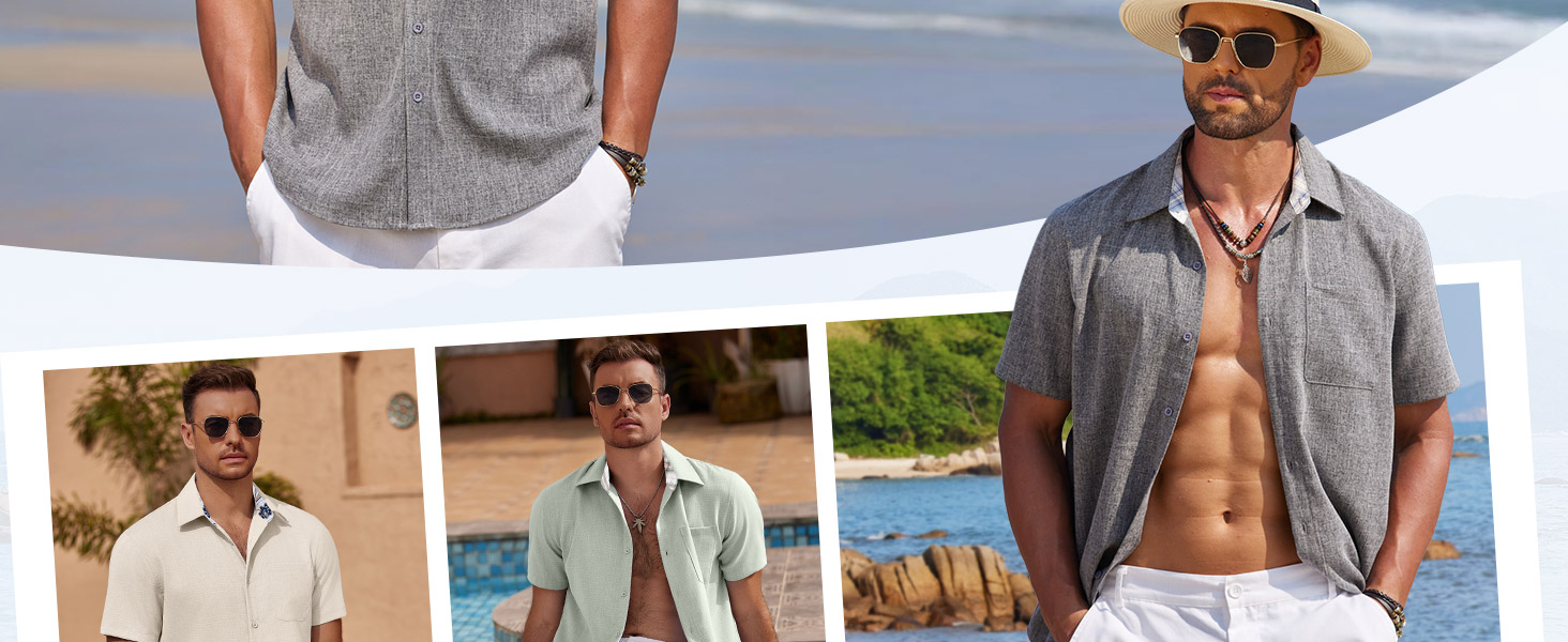Amazon.com: COOFANDY Men's Linen Short Sleeve Button Down Shirts Casual Summer Beach Vacation ...