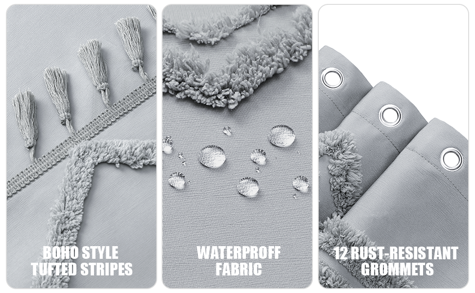 Amazon.com: Dynamene Crey Fabric Shower Curtain, Boho Farmhouse Tufted Geometric Striped Tassel ...