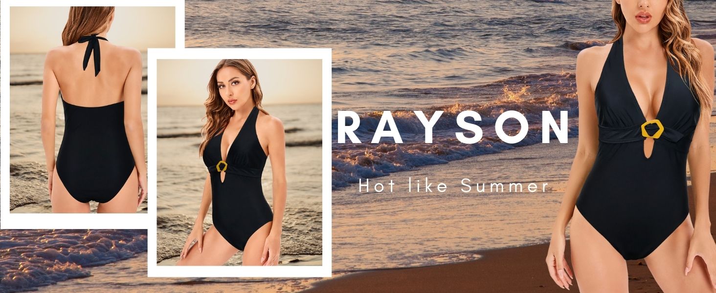 Rayson One Piece Swimsuit for Women V Neck Swimwear Halter Backless Tummy Control Bathing Suit ...