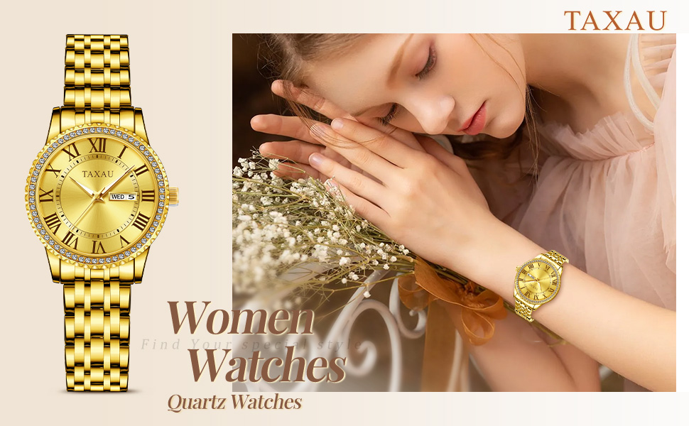 Amazon.com: Taxau Gold Watch for Women Stainless Steel Diamond Day Date Women Watch Dress ...