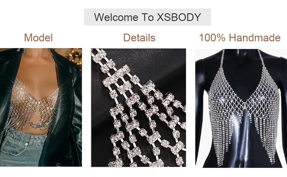 Amazon.com: XSBODY Rhinestone Mesh Chest Chain Body Jewelry for Women Sexy, Tassel Crystal Body ...