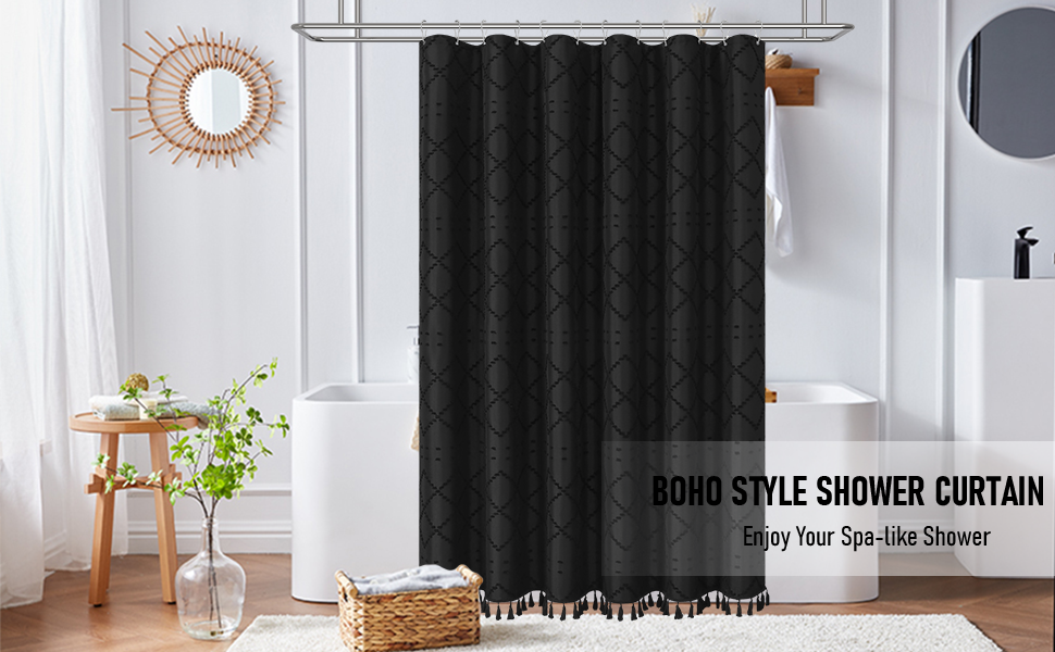 Amazon.com: Dynamene Black Fabric Shower Curtain, Boho Tufted Geometric Striped Tassel Shower ...