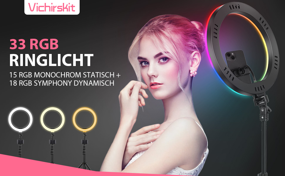 Ringlicht mit Stativ, 10,2-Zoll-Selfie-Ringlicht mit Fernbedienung, Ringlicht mit 33 RGB-Modi ...