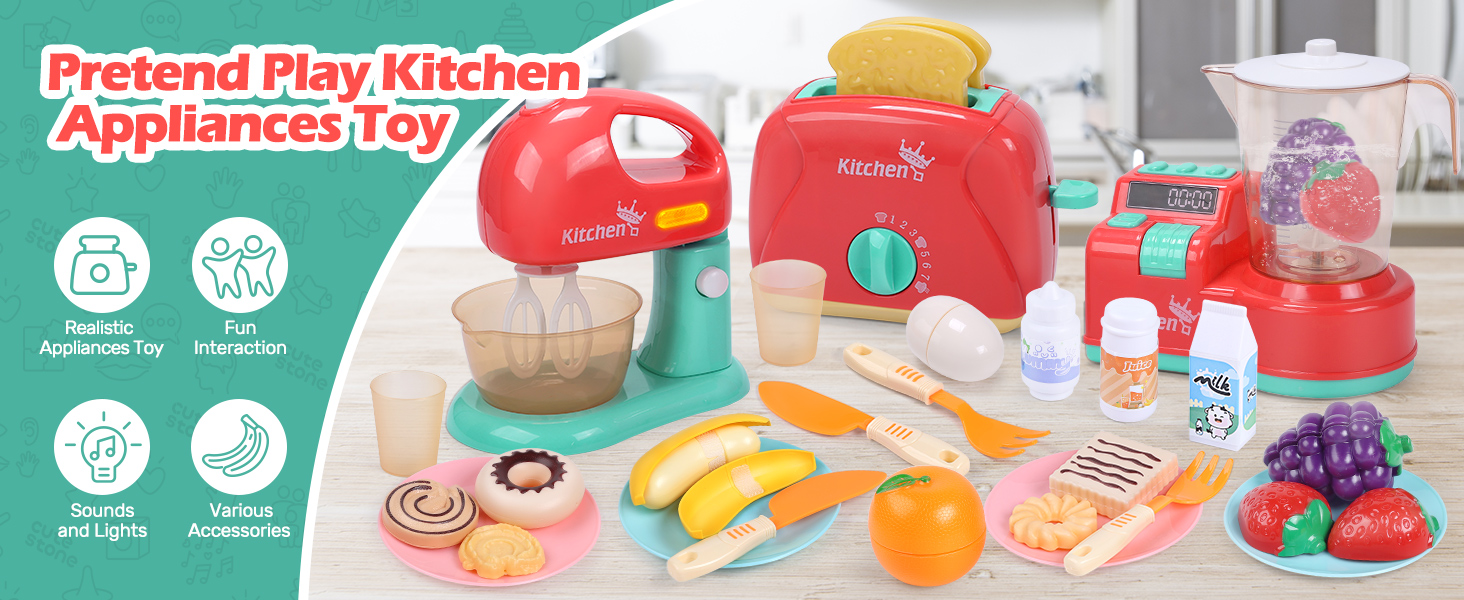 CUTE STONE Toy Kitchen Appliances Playset, Kids Kitchen Toy Mixer and Blender with Sound ...