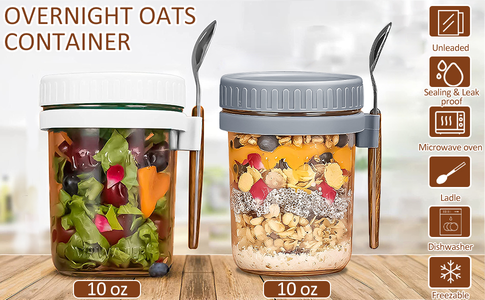 Caffney Overnight Oats Container 10oz Airtight Oatmeal Container with Lid and Spoon Portable ...